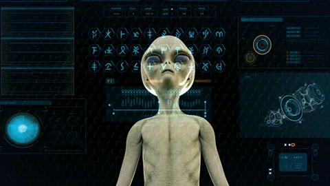 Alien presses the keys on sci-fi hologra... | Stock Video | Pond5