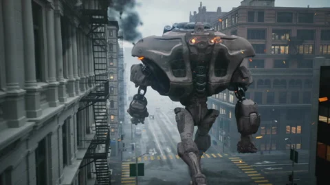 Alien Robot Invader walking through a bu... | Stock Video | Pond5