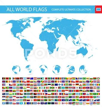 All Vector World Flags with frame and World Map isolated on white ...