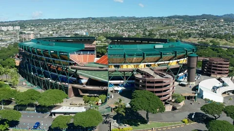 alt flying towards Aloha Stadium reveali... | Stock Video | Pond5