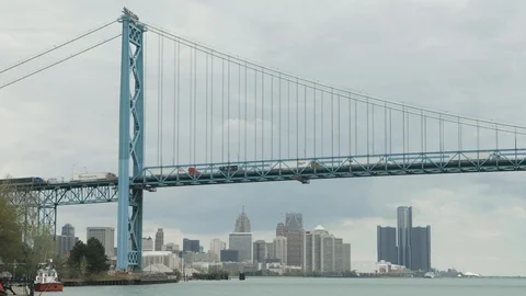 Ambassador Bridge by the Detroit river w... | Stock Video | Pond5