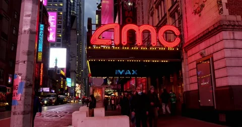 AMC Cinema in NYC. Neon sign above Movie... | Stock Video | Pond5