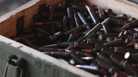 Ammo box, 7.62 caliber bullets for the A... | Stock Video | Pond5