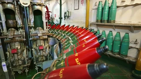 Ammunition room inside HMS Belfast battl... | Stock Video | Pond5