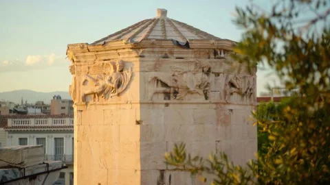 Ancient Greek tower with carved stone im... | Stock Video | Pond5