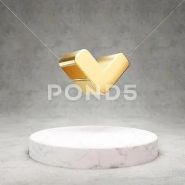 Angle Down icon. Shiny golden Angle Down symbol on white marble podium ...