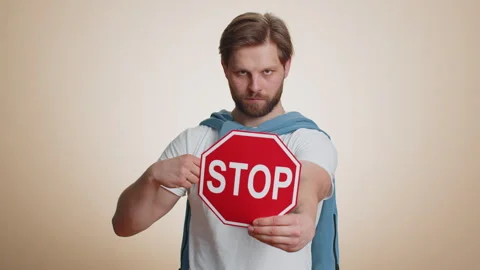 Angry man say No hold stop sign banner l... | Stock Video | Pond5