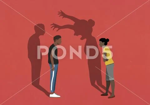 Angry shadow looming over couple arguing on red background ~ Clip Art ...