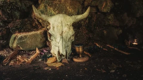 Animal skull in a cave. Ceremony space. ... | Stock Video | Pond5