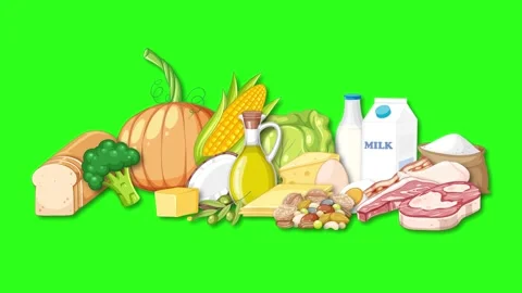 Animated Food Groups Assembled on Green ... | Stock Video | Pond5