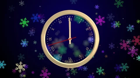 Animated gold clock. Snowflakes falling ... | Stock Video | Pond5