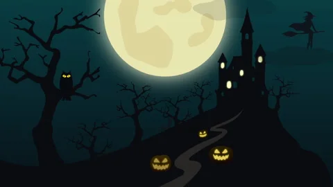 Animated Halloween Scene. Full moon, cas... | Stock Video | Pond5