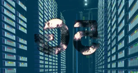 Animation of 5g text over server room | Stock Video | Pond5