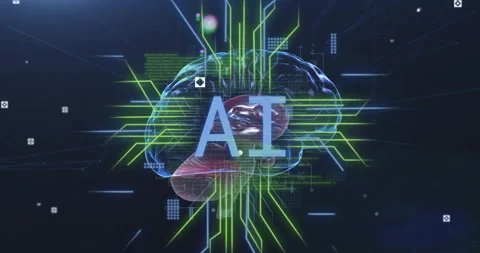 Animation of ai text over digital brain ... | Stock Video | Pond5