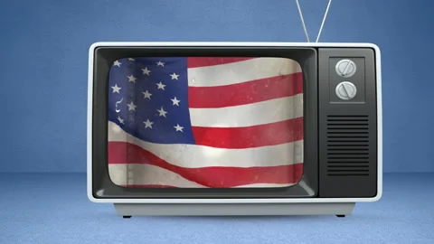 Animation of american flag in tv on blue... | Stock Video | Pond5