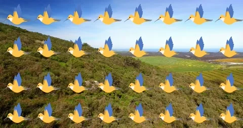 Animation of birds icons moving over lan... | Stock Video | Pond5