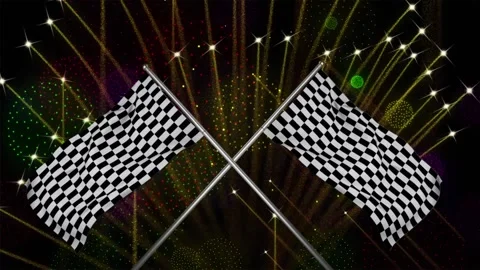 Animation of checkered flags over firewo... | Stock Video | Pond5