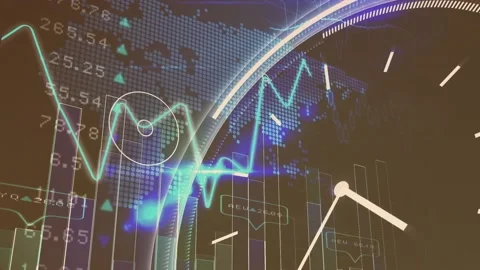 Animation on clock, graphs, world map an... | Stock Video | Pond5