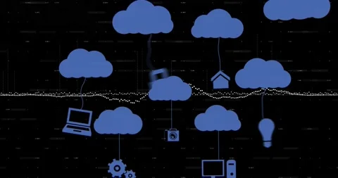 Animation of clouds with icons over data... | Stock Video | Pond5
