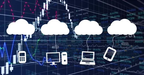 Animation of clouds with icons over data... | Stock Video | Pond5