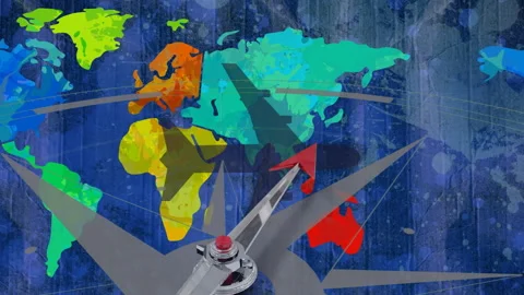 Animation of compass moving over world m... | Stock Video | Pond5