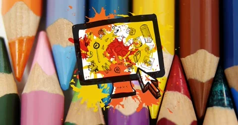 Animation of computer icon over crayons ... | Stock Video | Pond5