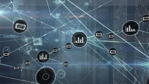 Animation of connected icons, graphs, so... | Stock Video | Pond5