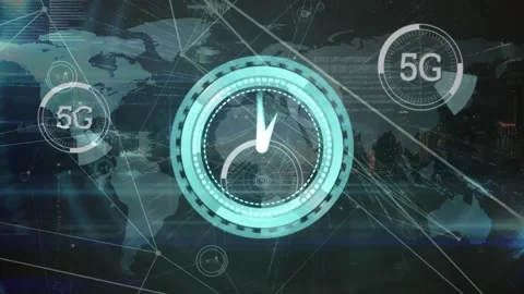 Animation of digital clock, 5g text in r... | Stock Video | Pond5