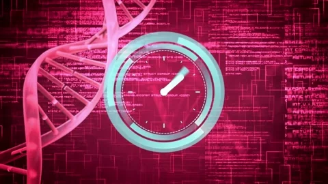 Animation of digital clock, dna helix ov... | Stock Video | Pond5