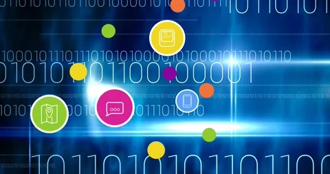 Animation of digital icons over binary c... | Stock Video | Pond5