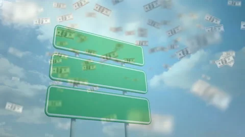 Animation of dollar bills over road sign... | Stock Video | Pond5