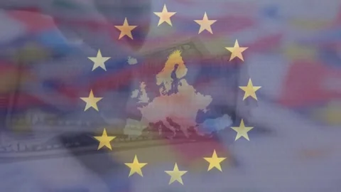 Animation of eu flag and map over europe... | Stock Video | Pond5