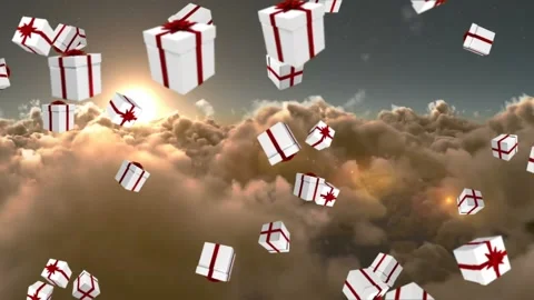 Animation of falling gifts over cloudy s... | Stock Video | Pond5
