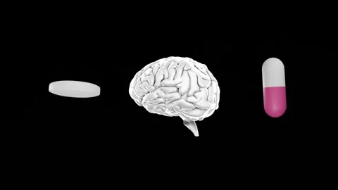 Animation of floating pills and brain on... | Stock Video | Pond5