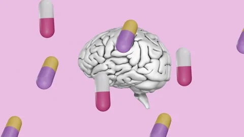 Animation of floating pills and brain on... | Stock Video | Pond5