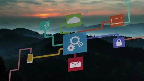 Animation of flow chart of icons over ae... | Stock Video | Pond5