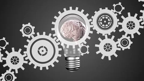 Animation of gears, brain and lightbulb ... | Stock Video | Pond5