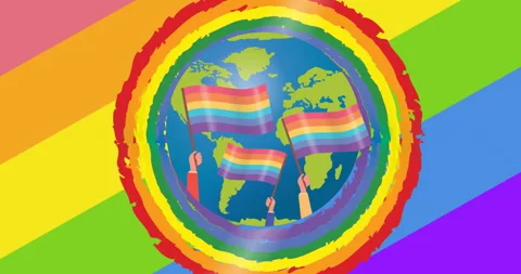 Animation of globe with rainbow flags ov... | Stock Video | Pond5