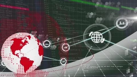 Animation of globes, connected icons and... | Stock Video | Pond5