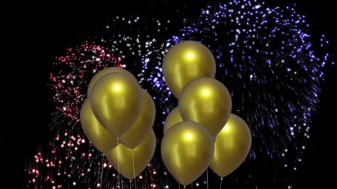 Animation of gold balloons with firework... | Stock Video | Pond5