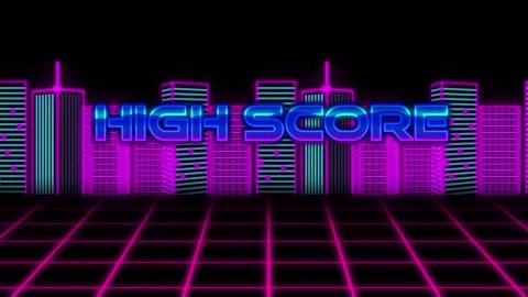 Animation of high score text over citysc... | Stock Video | Pond5