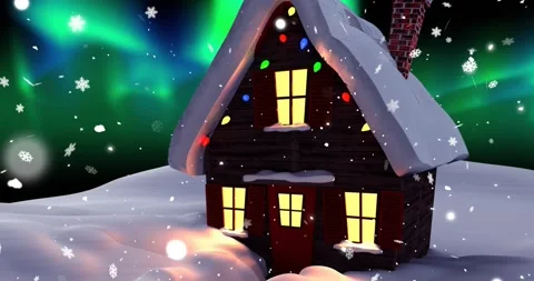 Animation of house, snow falling and aur... | Stock Video | Pond5