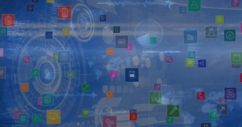 Animation of icons and diverse data on b... | Stock Video | Pond5
