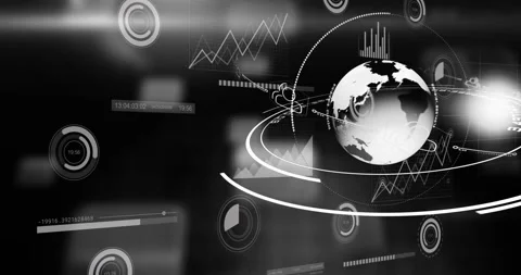 Animation of icons and globe on black ba... | Stock Video | Pond5