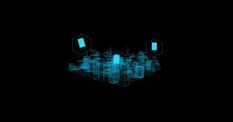 Animation of icons digital city on black... | Stock Video | Pond5