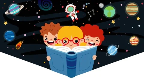 Animation Of Kids Reading Book At Space | Stock Video | Pond5