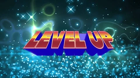 Animation of level up retro text over ne... | Stock Video | Pond5