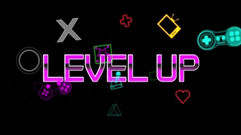 Animation of level up text banner over m... | Stock Video | Pond5