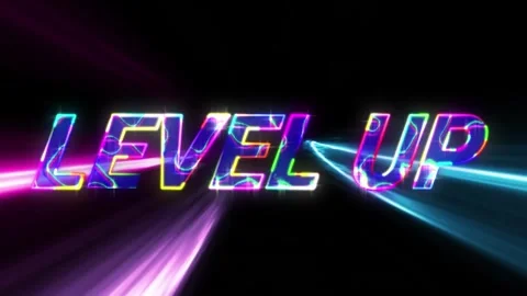 Animation of level up text over neon lig... | Stock Video | Pond5