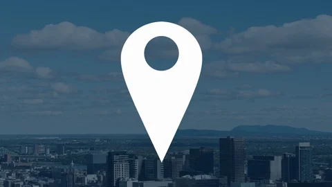 Animation of location icon and city in b... | Stock Video | Pond5